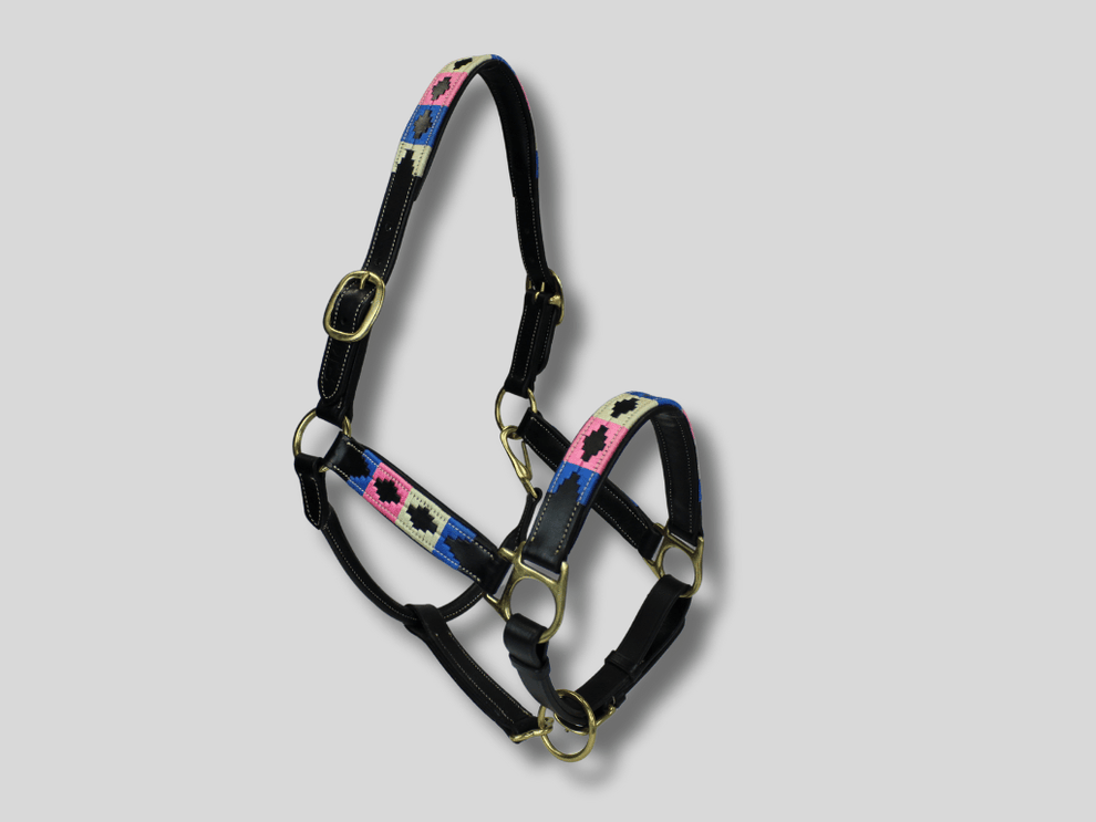Leren Polo Halster Roze Wit Blauw – Leren Polo Halster –MTB Equestrian